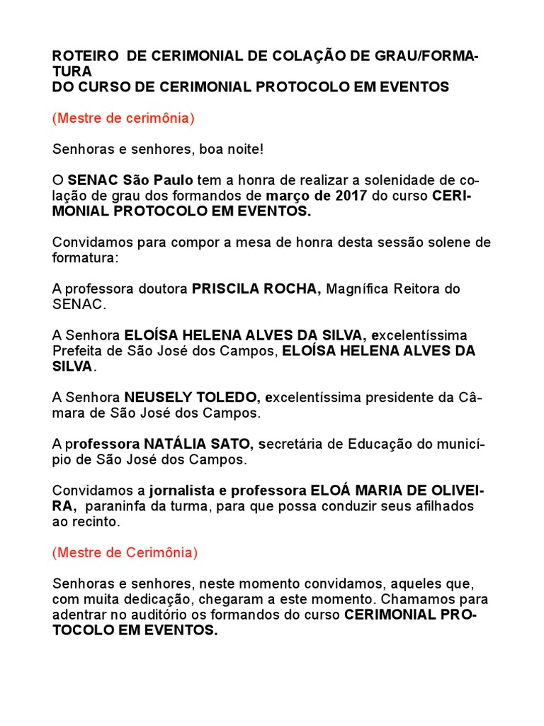 Roteiro Cerimonial Formatura PDF | PDF