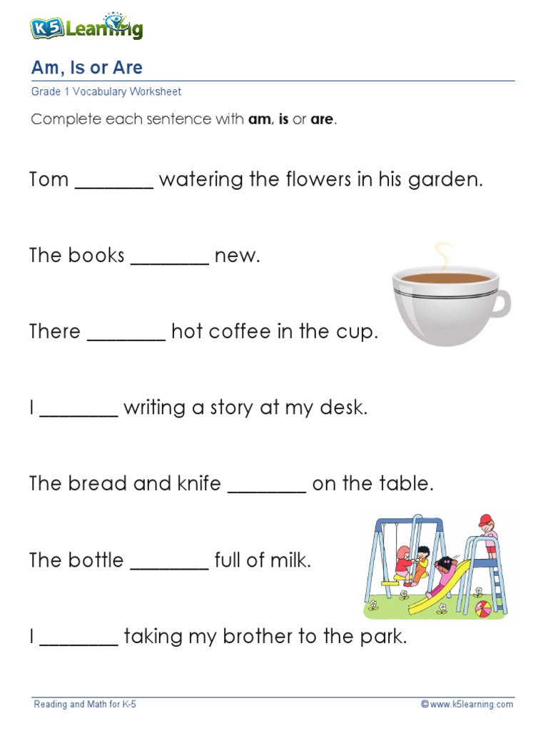 Grade 1 Worksheet in English Am Is Are | PDF