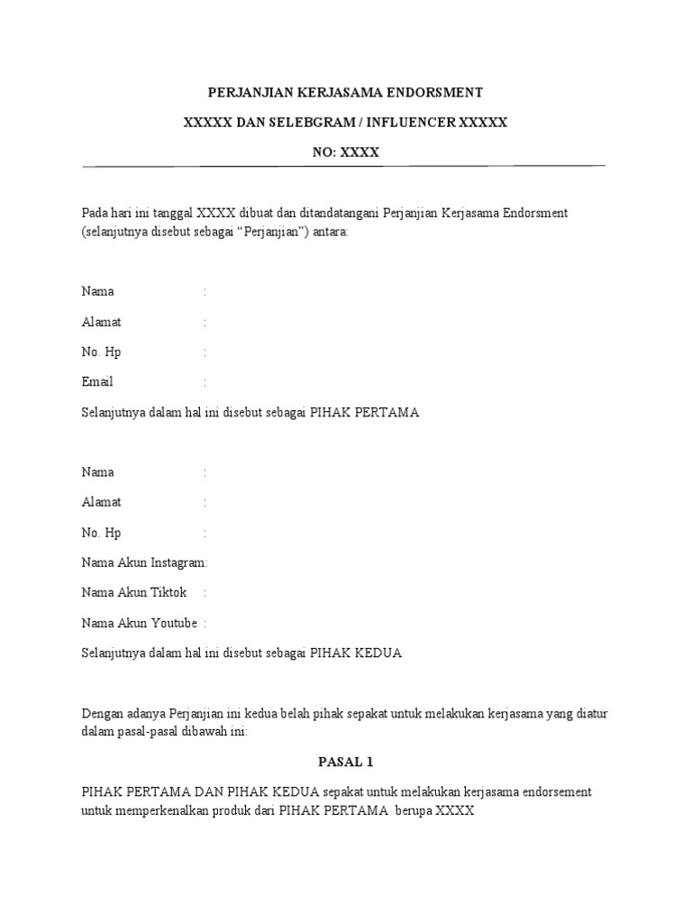 Perjanjian Kerjasama Endorsment | PDF