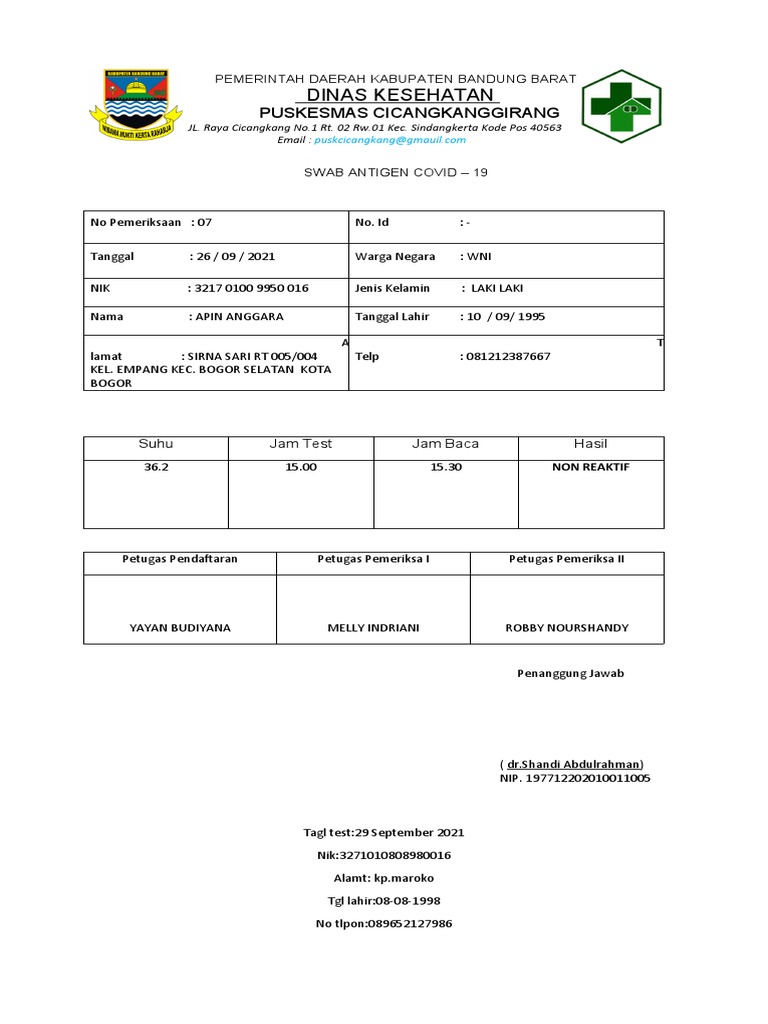 Surat Hasil Swab Antigen (1) APIN | PDF