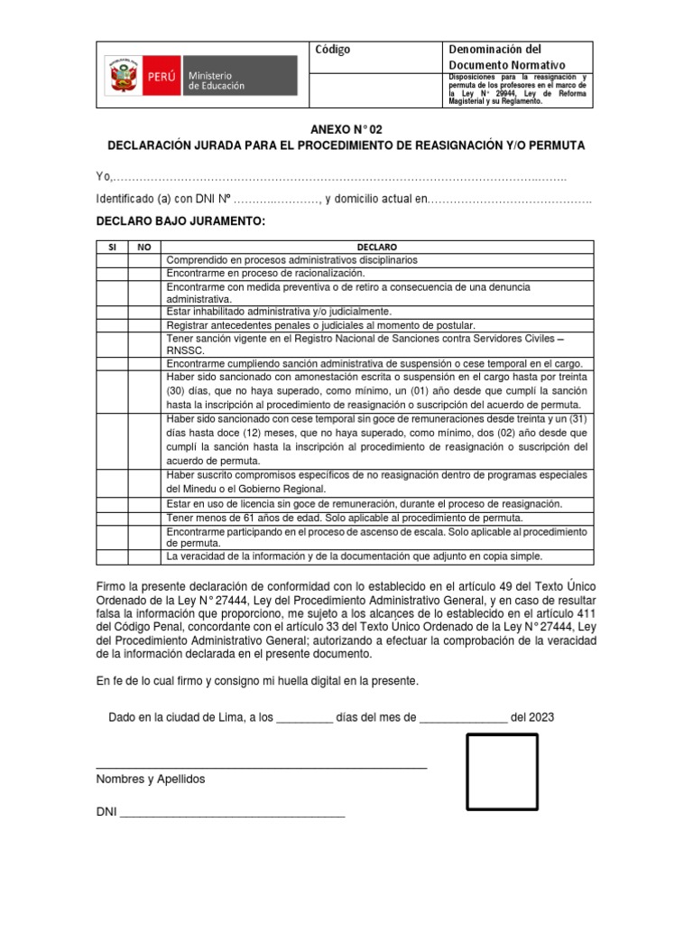 Anexo 02 Declaracion Jurada Para Reasignacion | PDF