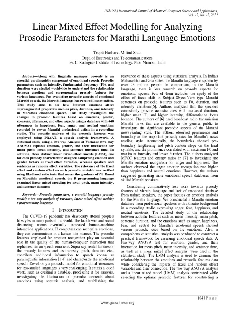 Paper 14-Linear Mixed Effect Modelling For Analyzing Prosodic Parameters | PDF