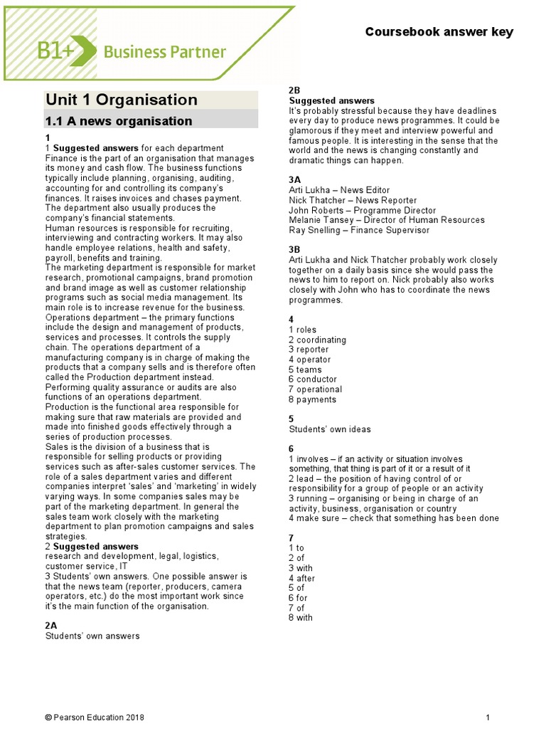 Unit 1 Organisation: Coursebook Answer Key | PDF | Brand | Sales