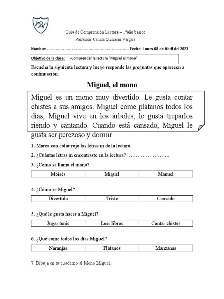Guia de Comprension de Lectura Miguel El Mono | PDF