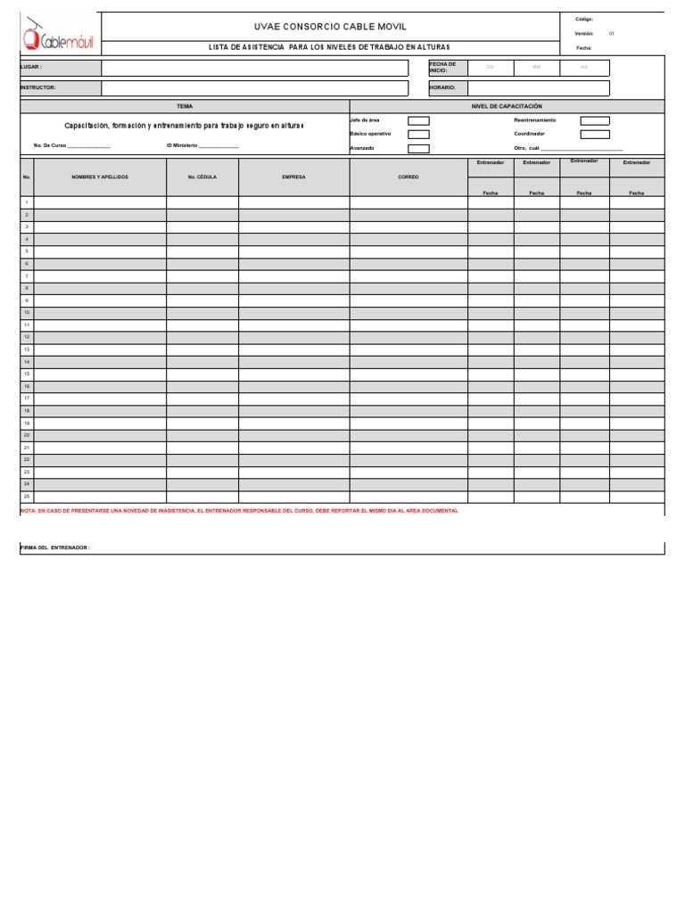 UC-F-002 - Lista de Asistencia para Los Niveles de Trabajo en Alturas y ...
