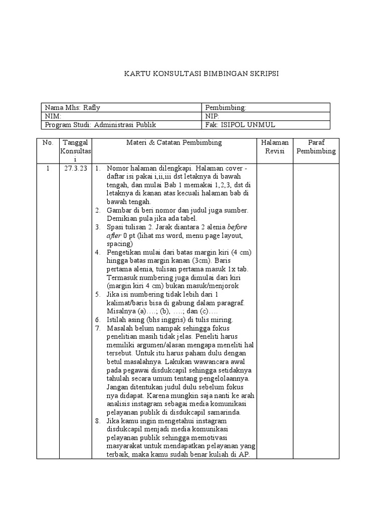 Kartu Konsultasi Bimbingan Skripsi Rafly | PDF | Karier & Perkembangan | Ilmu Sosial