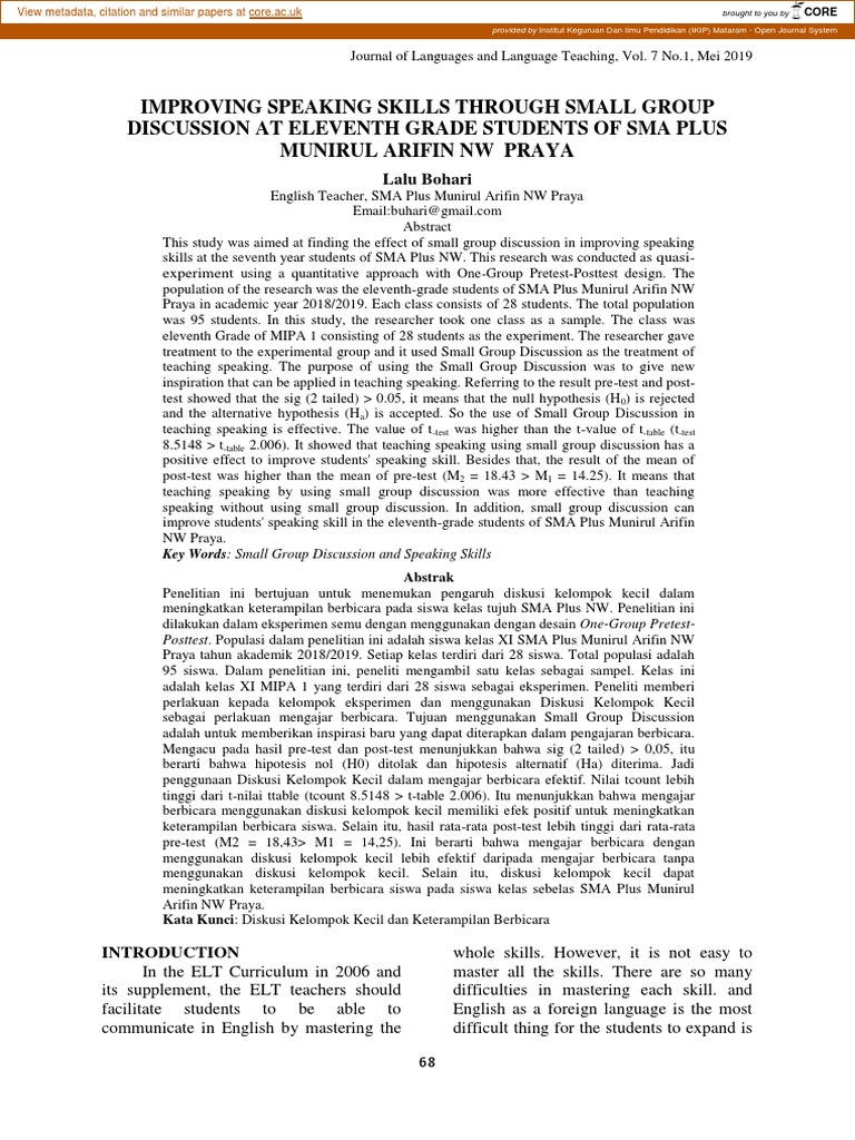 Improving Speaking Skills Through Small Group Discussion at Eleventh Grade Students of Sma Plus ...