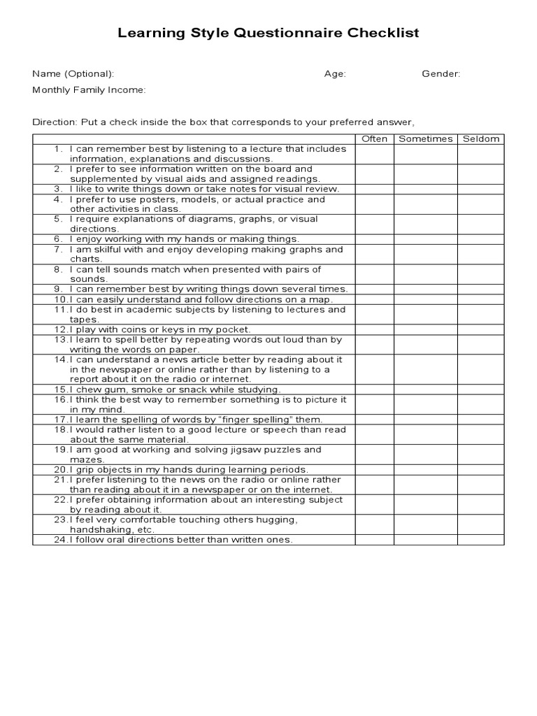 Learning Style Questionnaire Checklist | PDF