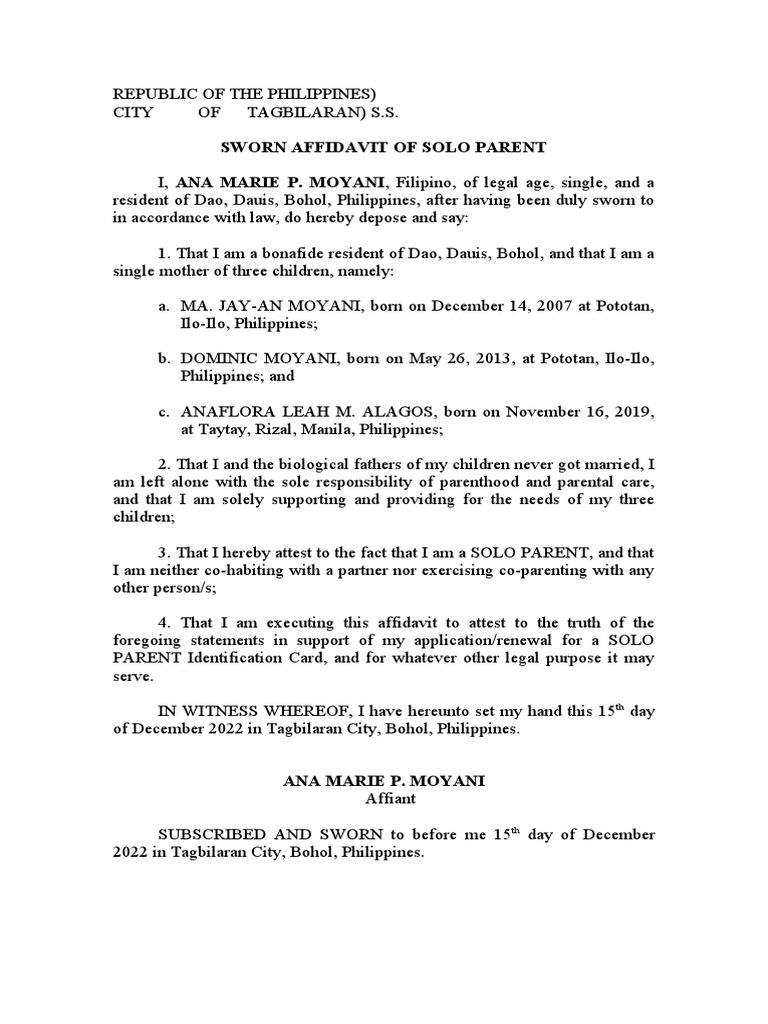 Solo Parent Affidavit by Ana Moyani | PDF