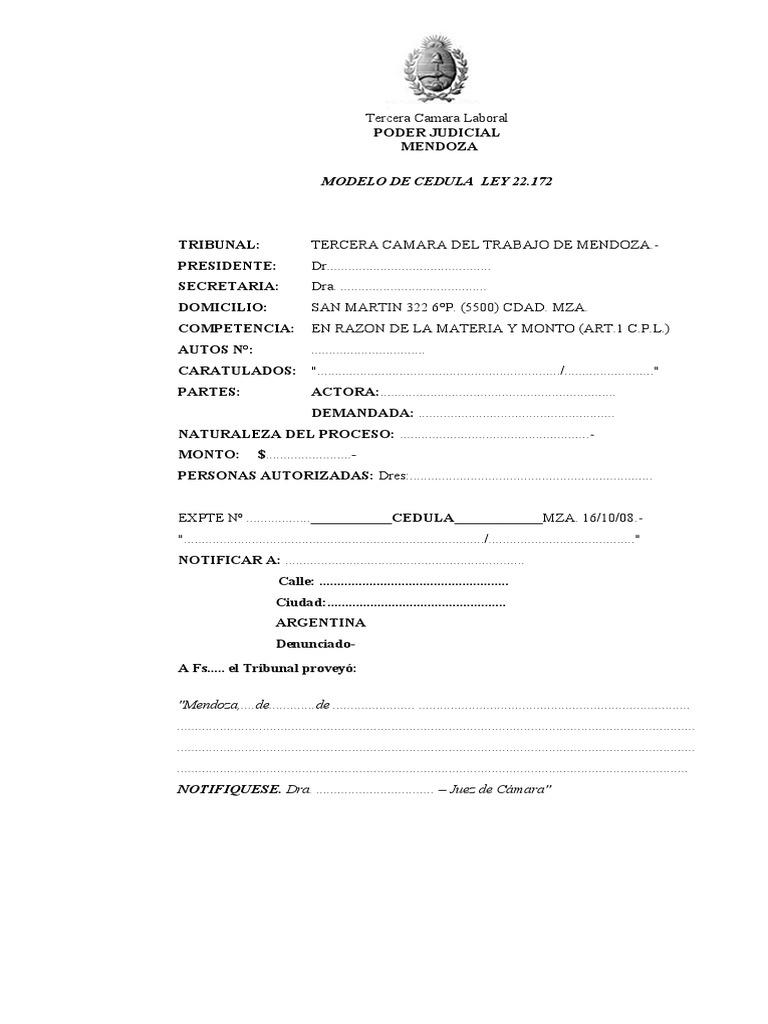 Modelo de Cédula Ley 22.172 Mendoza | PDF | Gobernancia | Justicia