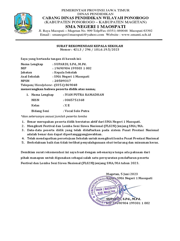 Surat Rekomendasi FLS2N 2023 | PDF