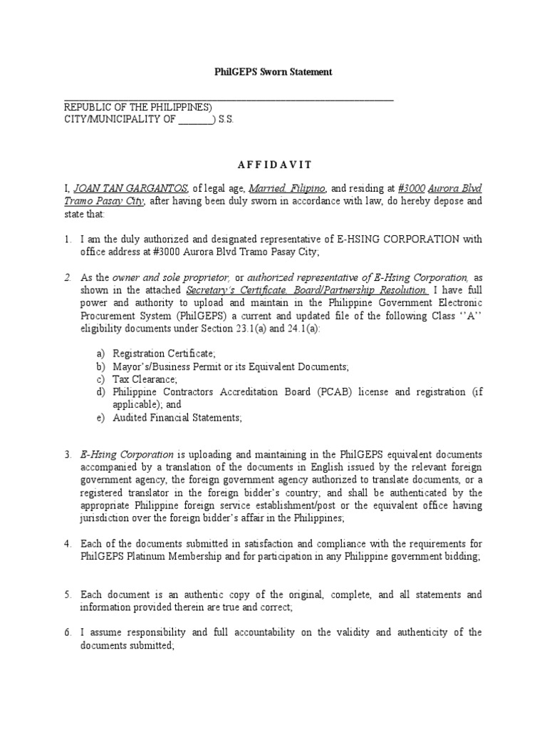 Omnibus Sworn Statement (Revised) (2) Philgeps | PDF