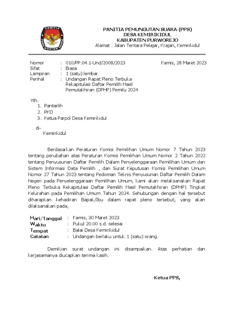 Draft Undangan DPHP PPS - PPK | PDF