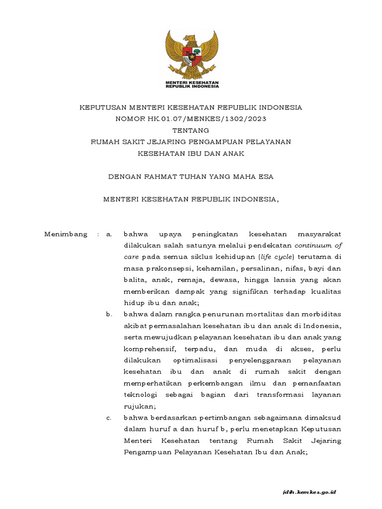 KMK No HK 01 07 MENKES 1302 2023 TTG Rumah Sakit Jejaring Pengampuan | PDF