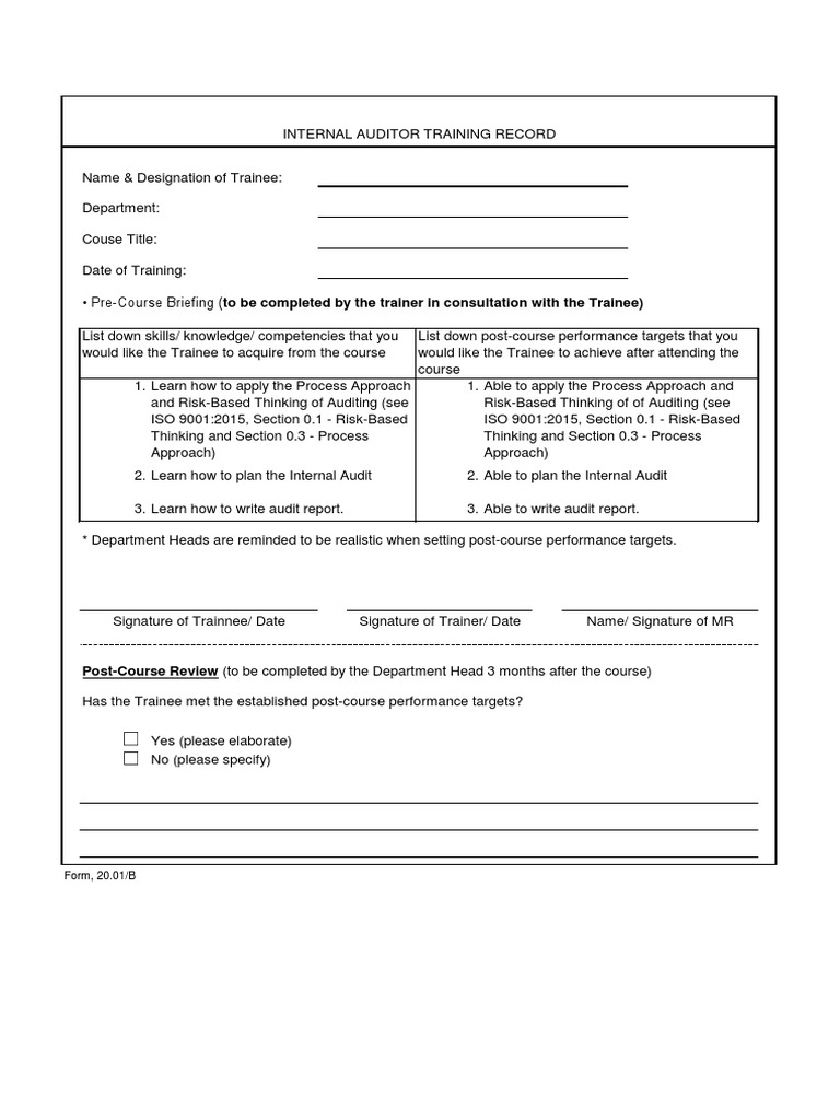 Internal Auditor Training Record | PDF