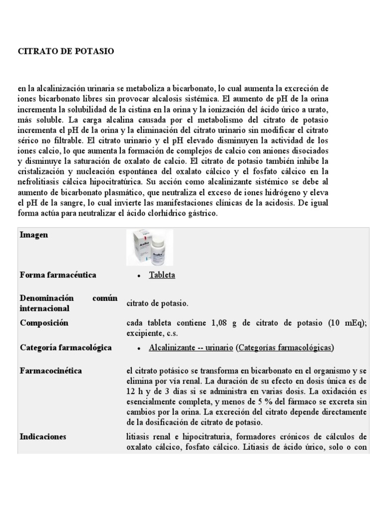 Citratode Potasio: Uso y Precauciones | PDF