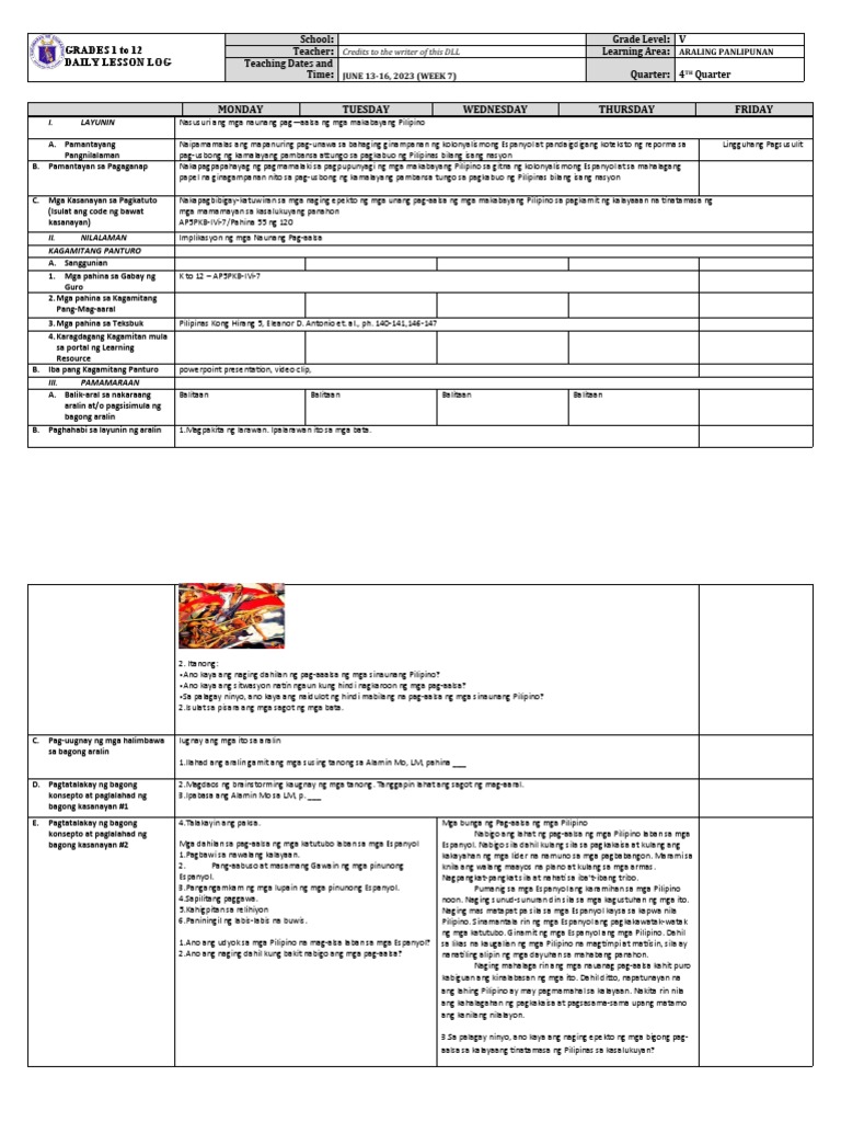 Grade 5 DLL Araling Panlipunan 5 Q4 Week 7 | PDF