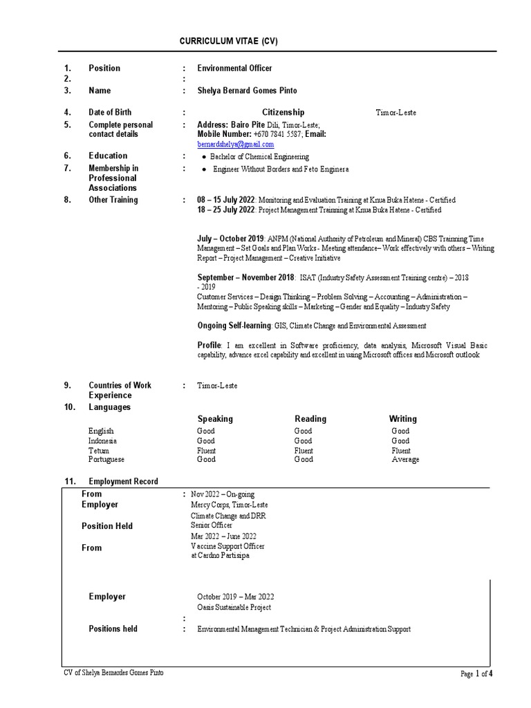 CV of Shelya Bernardes Gomes Pinto | PDF