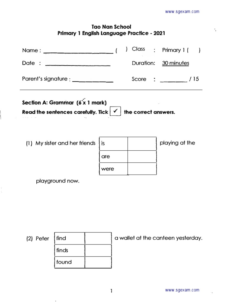 2021 P1 English Practice Tao Nan | PDF
