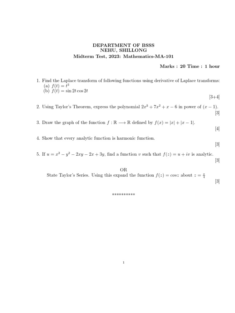 1st Midterm 2023 MA 101 | PDF
