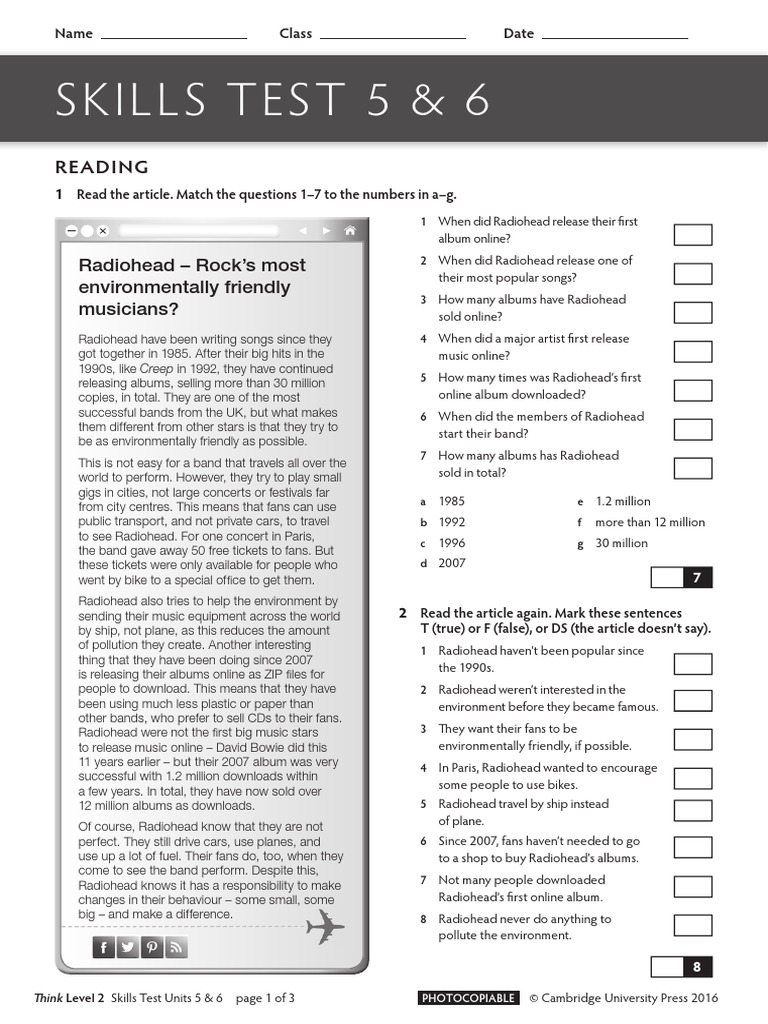 Think Level 2 Skills Test Units 5-6 | PDF