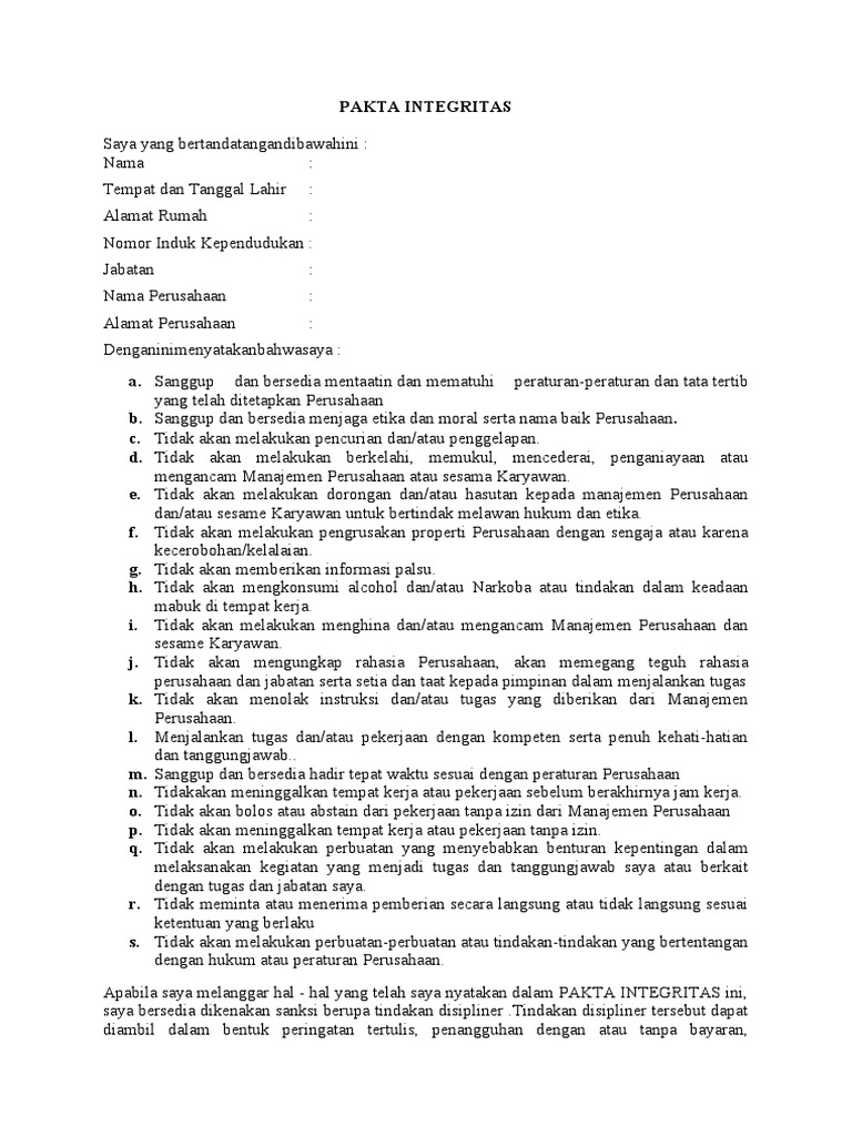 PAKTA INTEGRITAS KARYAWAN (draft ) | PDF