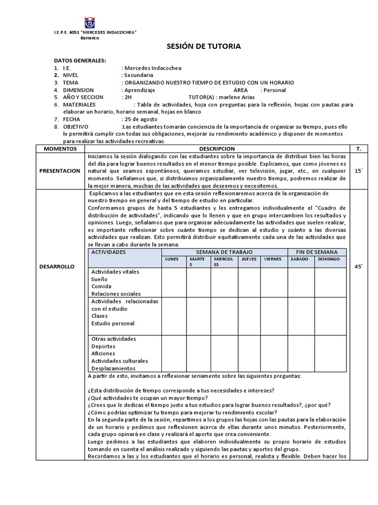 Sesion de Tutoria Organizando Mi Tiempo | PDF