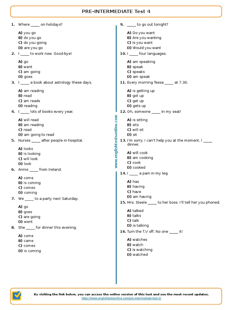 Pre Intermediate Test | PDF
