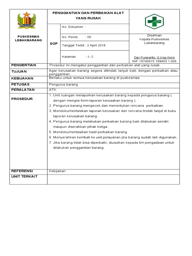 SOP PERGANTIAN DAN PERBAIKAN ALAT YANG RUSAK | PDF