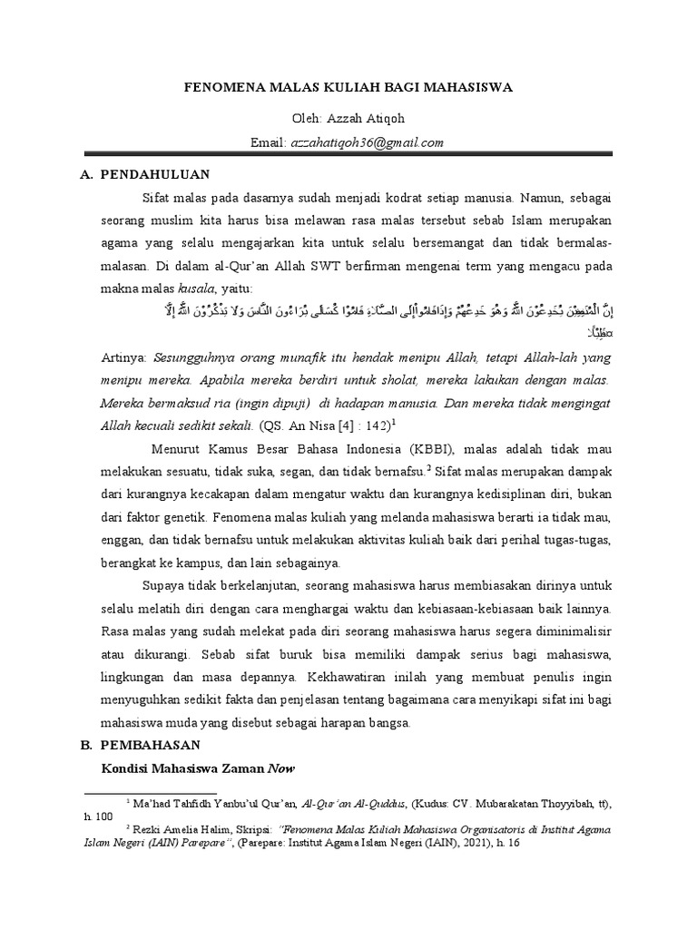 Meminimalisir Sifat Malas Kuliah Bagi Mahasiswa | PDF