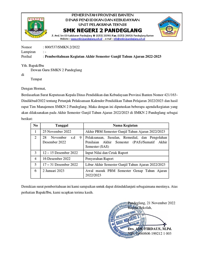 Surat Pemberitahuan Kegiatan Akhir Semester Ganjil Tahun Ajaran 2022 ... Surat Pemberitahuan Kegiatan Akhir Semester Ganjil Tahun Ajaran 2022 ...