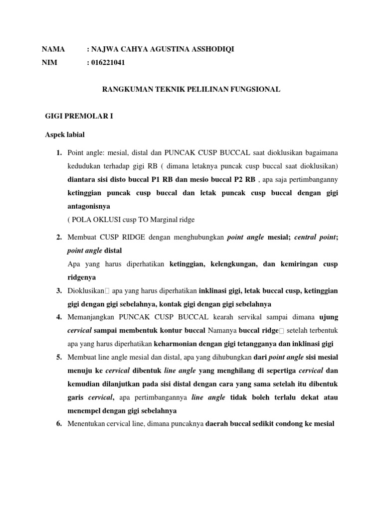 Rangkuman Teknik Pelilinan Fungsional Premolar - Najwa Cahya Agustina ...