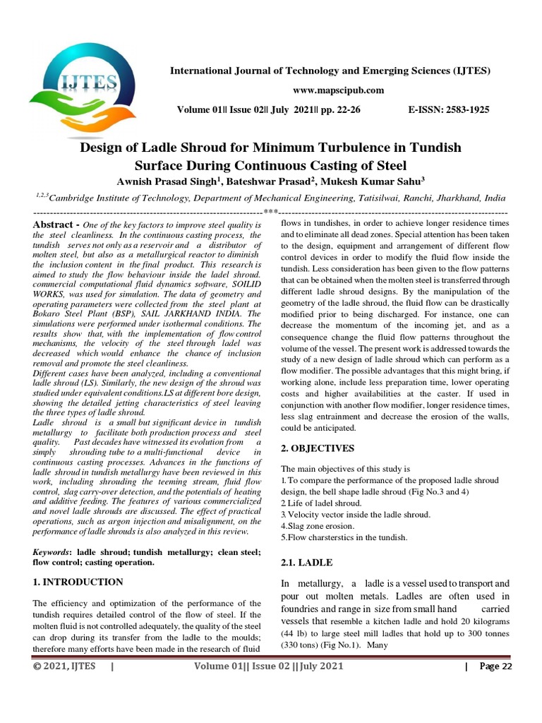 Design of Ladle Shroud For Minimum Turbulence in Tundish Surface During ...