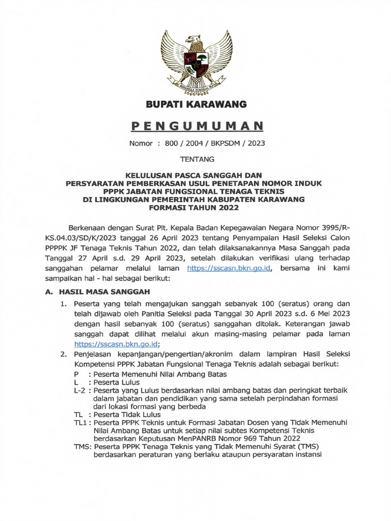 Pengumuman Pasca Sanggah Dan Persyaratan Pemberkasan Ni PPPK JF Teknis Mei 2023 | PDF | Bisnis ...