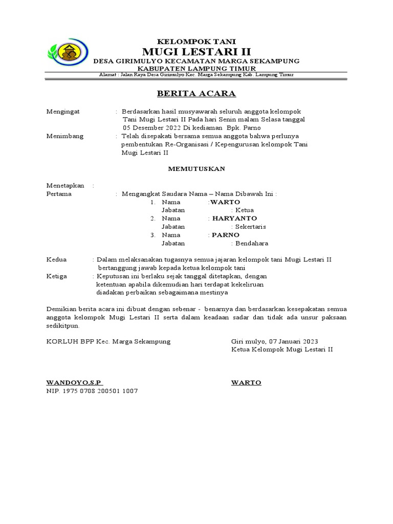 Berita Acara Kelompok Tani Mugi Lestari Ii | PDF