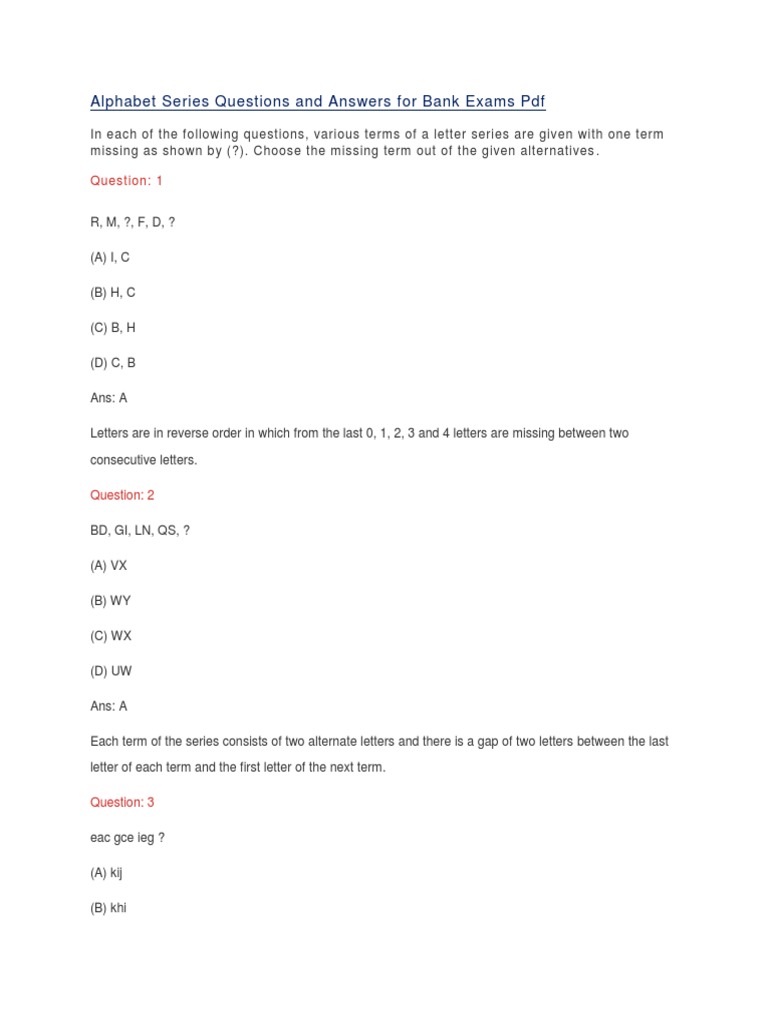 Alphabet Series Questions Answers Bank Exams | PDF