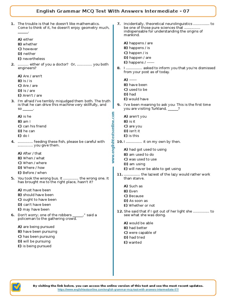 634 - English Grammar MCQ Test With Answers Intermediate 07 | PDF ...