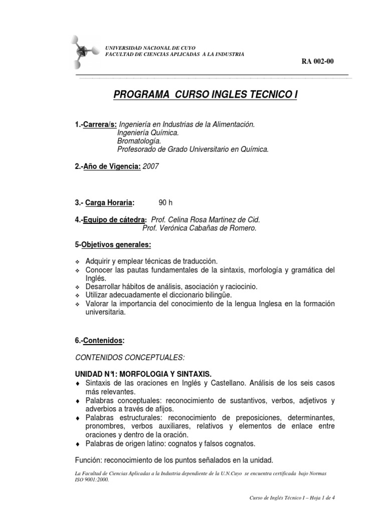 Programa Ingles I-2007 | PDF | Oración (Lingüística) | Verbo