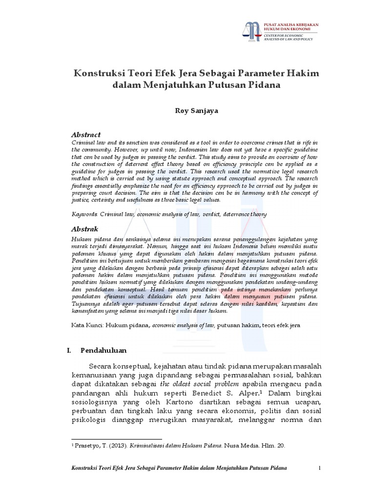 Konstruksi Teori Efek Jera Sebagai Parameter Hakim Dalam Menjatuhkan Putusan Pidana | PDF
