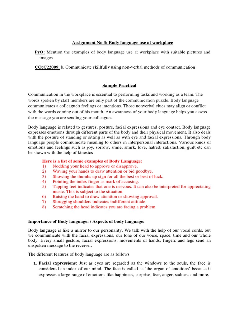 Practical 3.2. Body language used at workplace | PDF