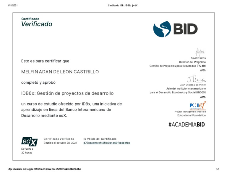 Certificado IDB6x Edx Gestión de Proyectos de Desarrollo BID | PDF