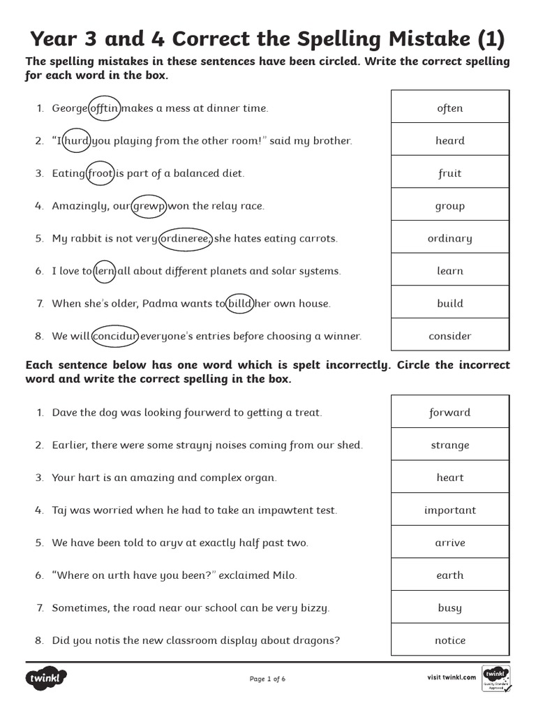 Year 3 and 4 Correct The Spelling Mistake Answers | PDF