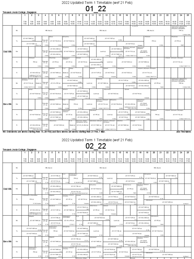 2022 JC1 Updated Term 1 Timetable Wef 21 Feb - v203 | PDF