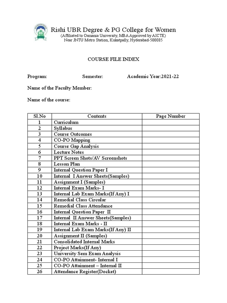 Course File Index | PDF | Educational Stages | Vocational Education