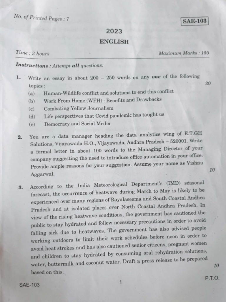 APPSC Group 1 Mains 2023 English Qualifying Paper | PDF