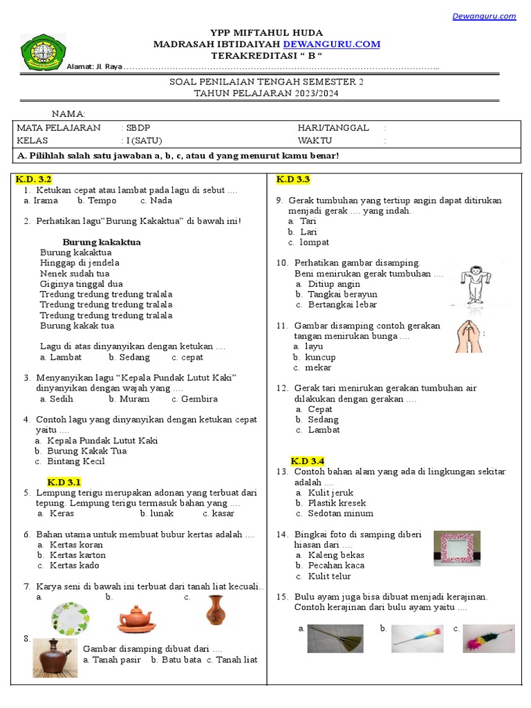 Soal PTS SBDP Kelas 1 Semester 2 Dan Kunci Jawaban | PDF