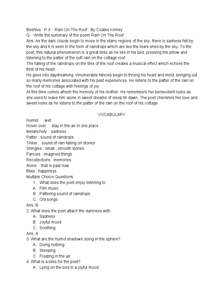 Beehive Poem-3 The Rain On The Roof | PDF | Poetry