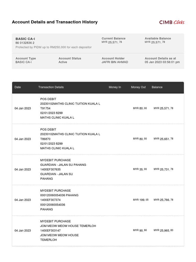 Account Details and Transaction History: Basic Ca-I | PDF | Debit Card | Money