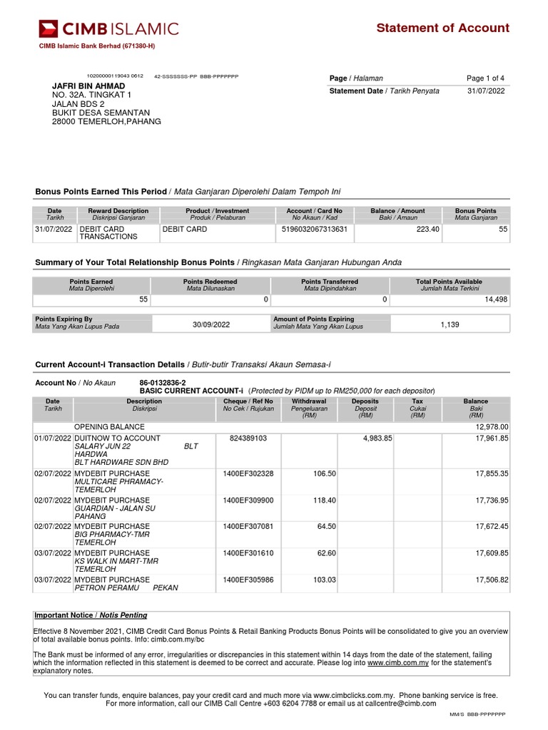 CIMB Bank Salary Statement Summary | PDF | Banks | Debit Card