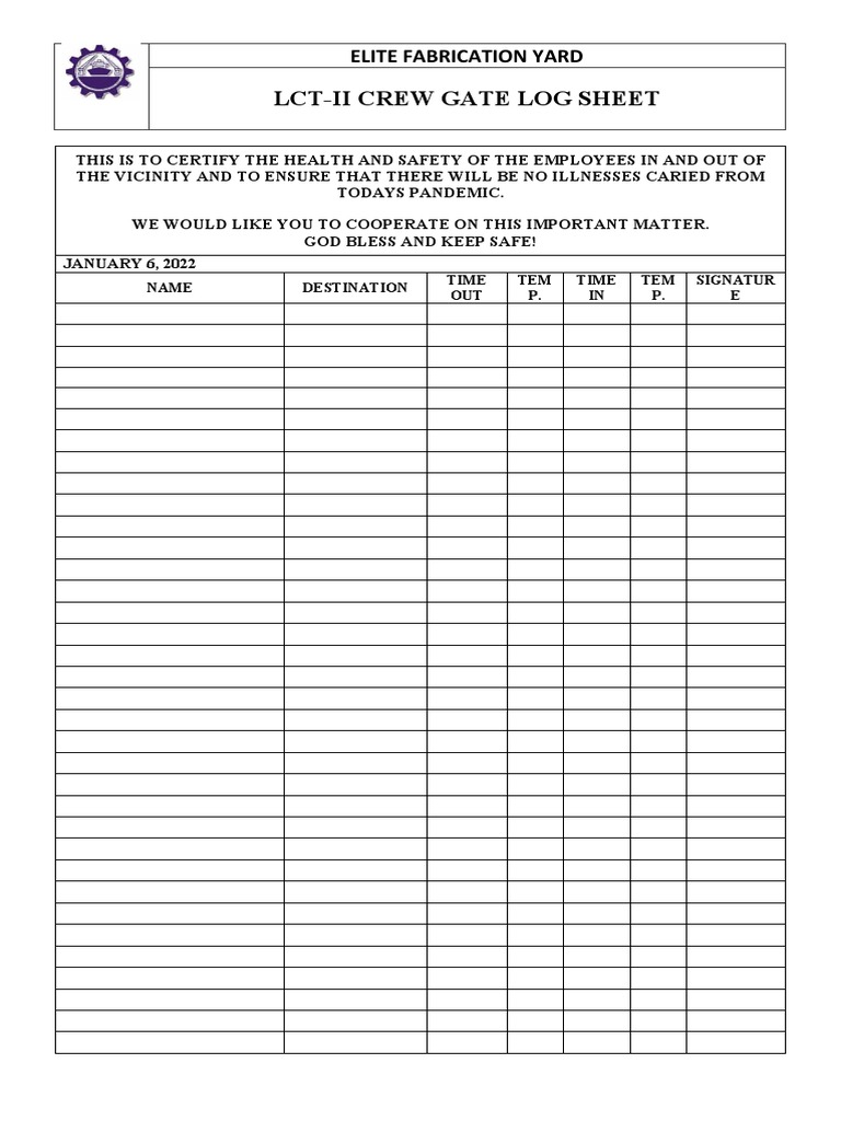 Gate Log Sheet | PDF | Occupational Safety And Health | Safety